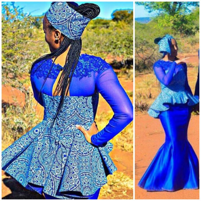 Blue Tswana Shweshwe Traditional Print Top With Mermaid Skirt | Clipkulture | Clipkulture
