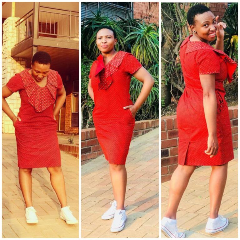 Red Tswana Shweshwe Print Dress With Sneakers. #HeritageMonth – Clipkulture