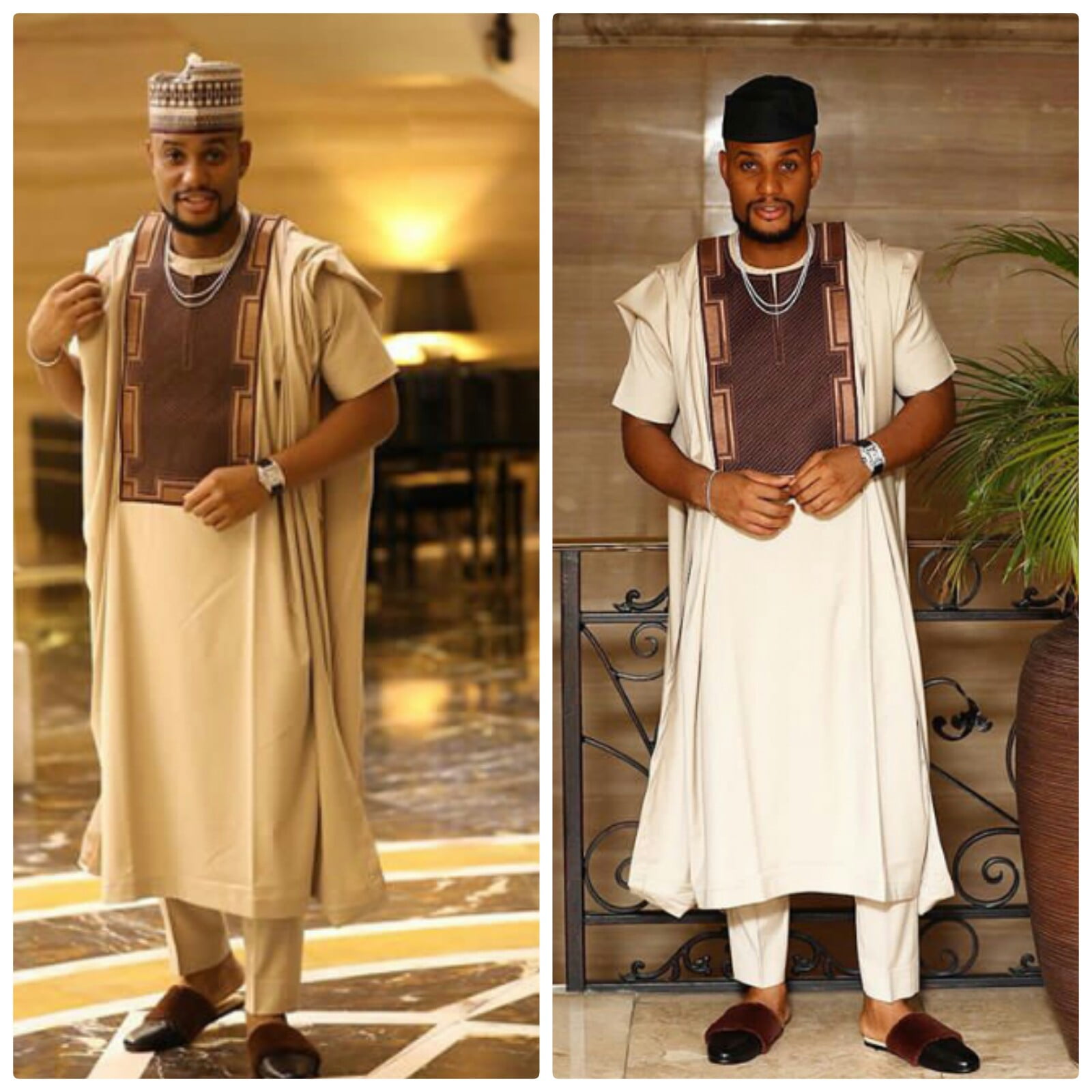 Clipkulture | Brown and White Agbada With Chocolate Brown Embroidery
