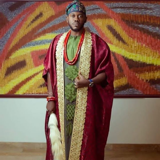 Clipkulture | Wine Coloured Robe-like Agbada With Green Kaftan