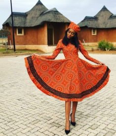Orange Sotho Long Sleeves Shweshwe Dress With Doek – Clipkulture