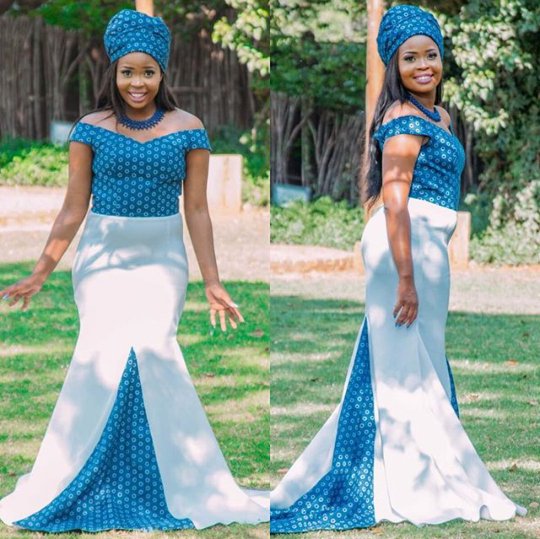 Clipkulture | Off Shoulder Shweshwe and White Wedding Dress With Doek