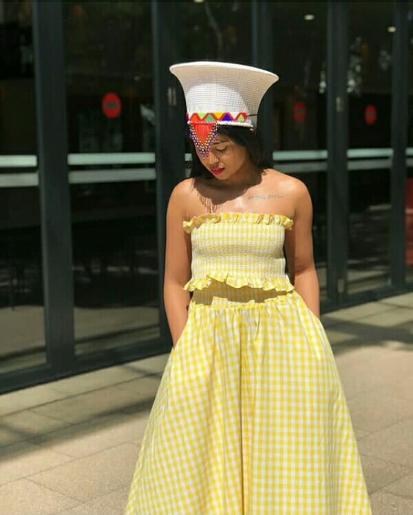 Clipkulture | White Zulu Isicholo Hat With Yellow Checkered Tube Top ...