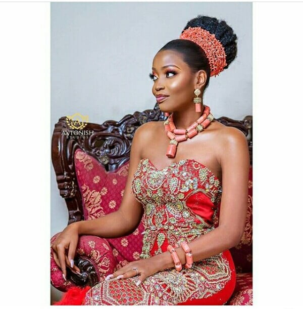 Clipkulture | Igbo Bride In Red Embellished George Attire With Coral Beads