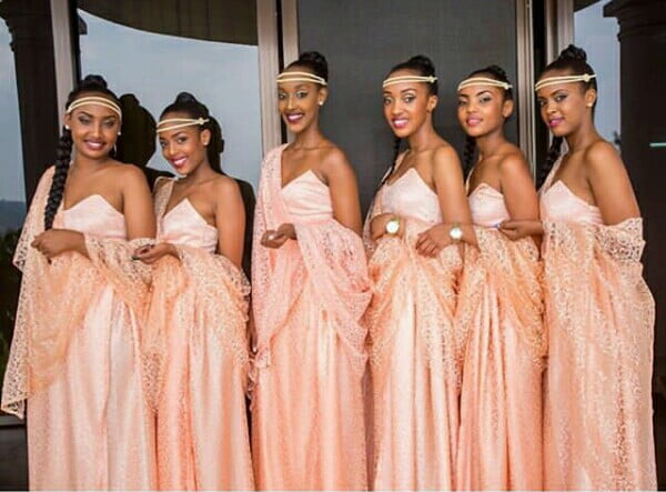 Clipkulture | Rwandan Bridesmaids In Peach Mushanana Attire With Head Band