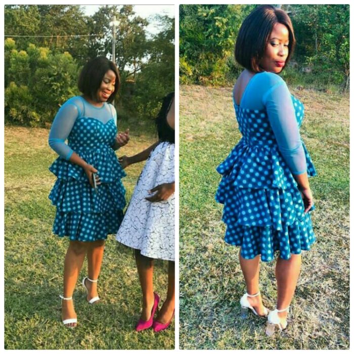 Clipkulture | Lady In Beautiful Blue Shweshwe Layered Dress With Blue Net Top and Sleeves