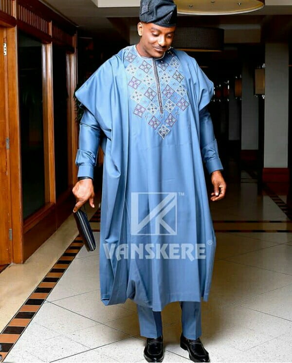 Clipkulture | Man In Blue Three Piece Agbada With Beautiful Embroidery ...