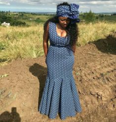 Beautiful Indigo Shweshwe Gathered Dress With Ruffles Sleeves | Clipkulture | Clipkulture