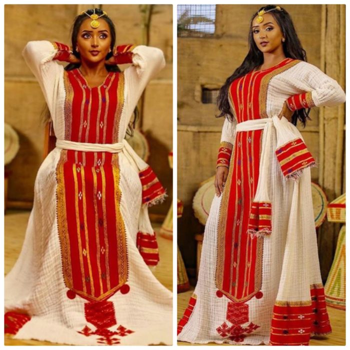 Lady In Beautiful Habesha Kemis Dress With Full Red Embroidery ...