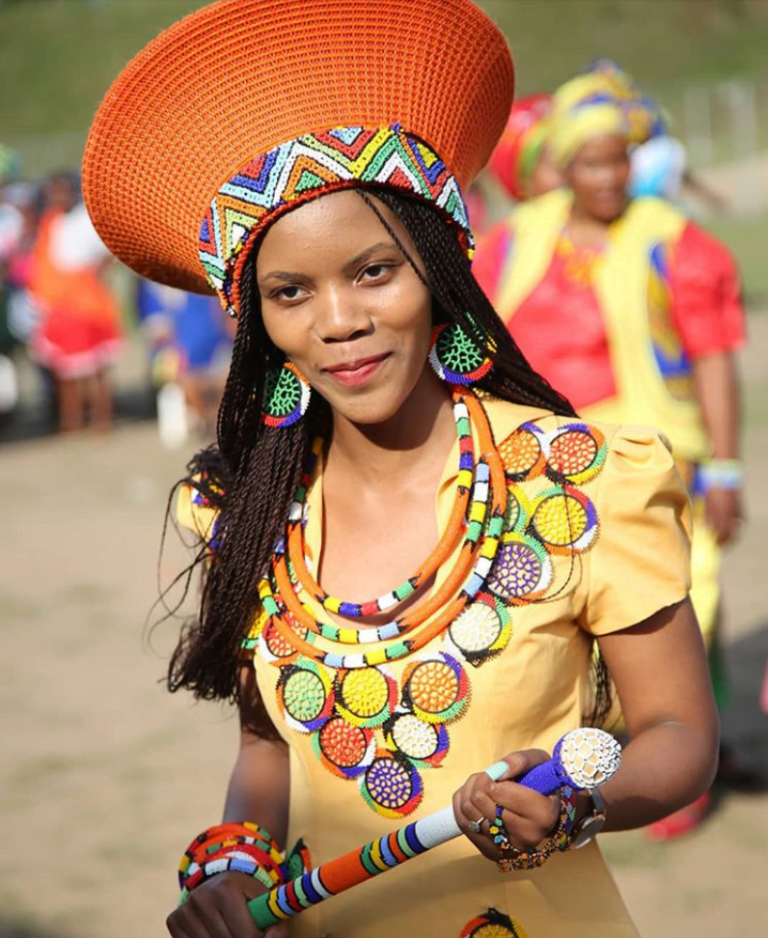 Girl In Orange Beaded Isicholo Hat and Accessories For Festival Of ...