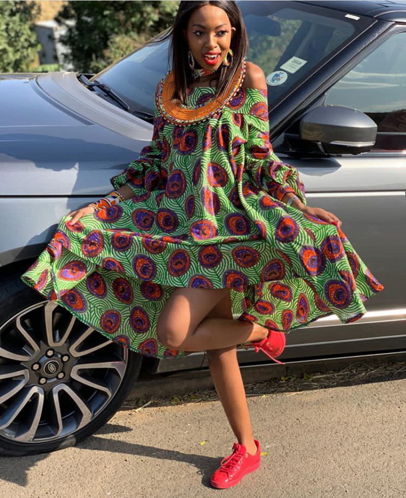 Clipkulture | Zama Gcaba In African Print Off Shoulder Flared With Red ...