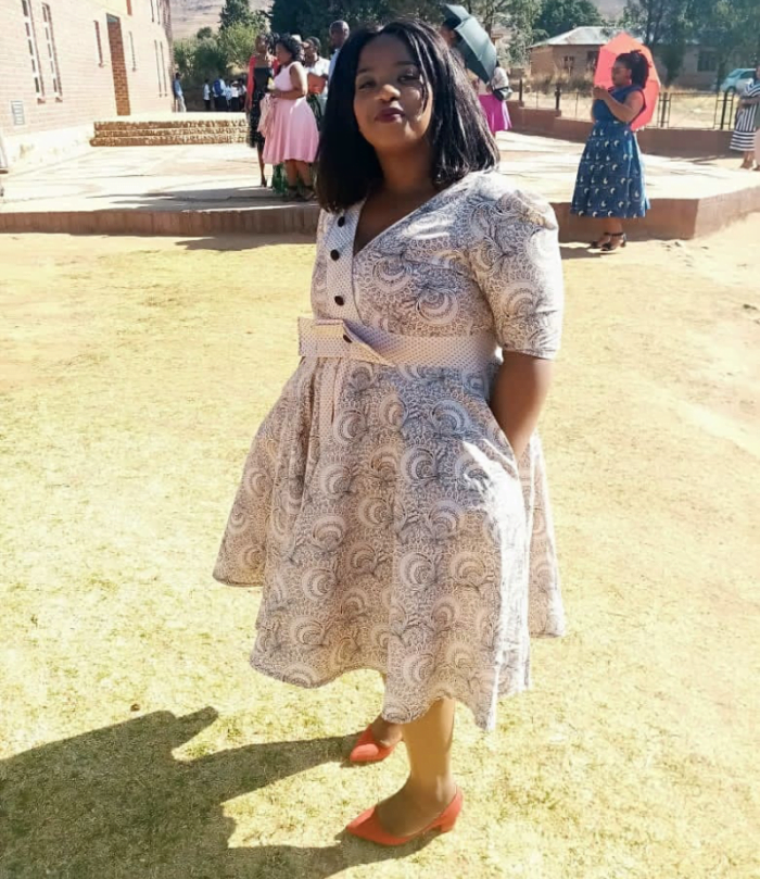 Clipkulture | Lady In Light Brown V-neck Shweshwe Dress With Buttons