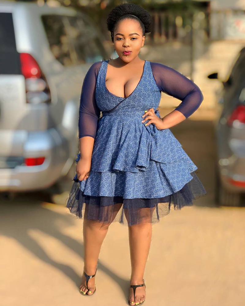 Clipkulture | Natasha Proctor In Plunging Neckline Layered Shweshwe ...