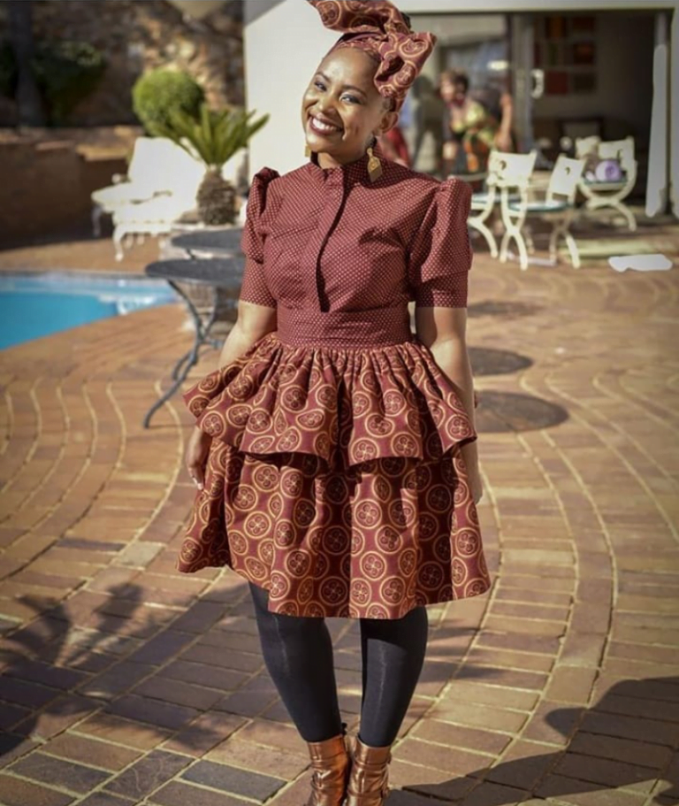 Brown Mixed To Match Layered Shweshwe Dress With Scarf and Black Leggings – Clipkulture