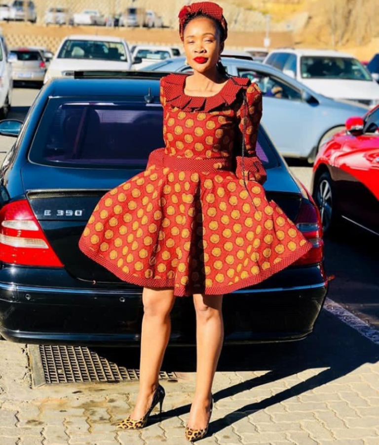 Itu Pitso In Brown Shweshwe Short Flared Dress With Ruffled Collar and Scarf – Clipkulture