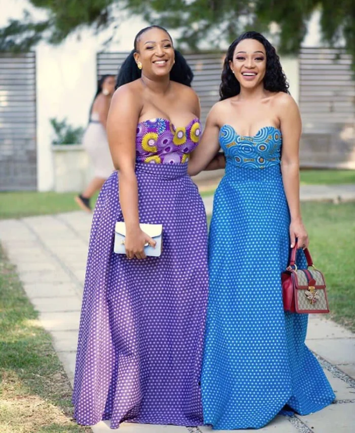 Clipkulture | Ladies Looking Gorgeous In Blue and Purple Strapless Shweshwe Long Dresses