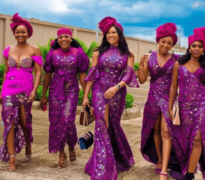 Clipkulture | Ladies In Beautiful Purple Asoebi Stylish Dresses and Headwrap