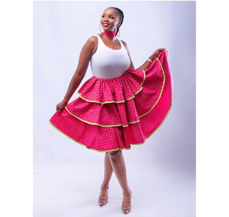 Clipkulture | Beautiful Pink Layered Shweshwe Skirt With Choker and White Vest