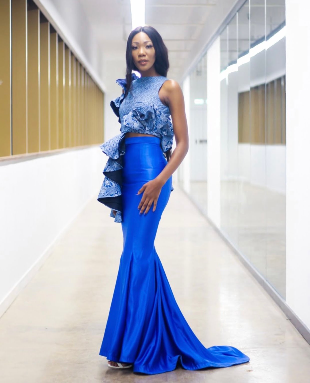 Clipkulture | African Print Leteisi Semi Crop Top With Matching Blue Skirt